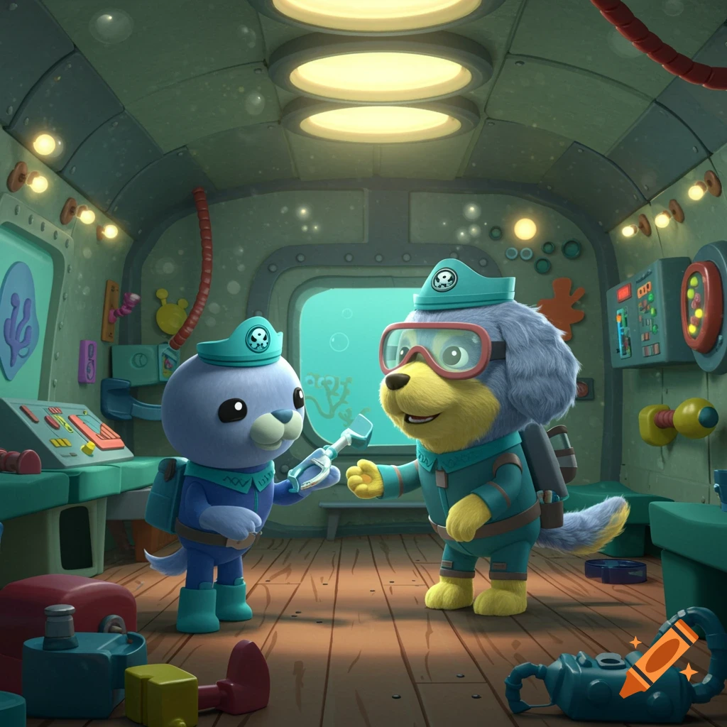 Cartoon animal characters in diving gear inside a submarine control ...
