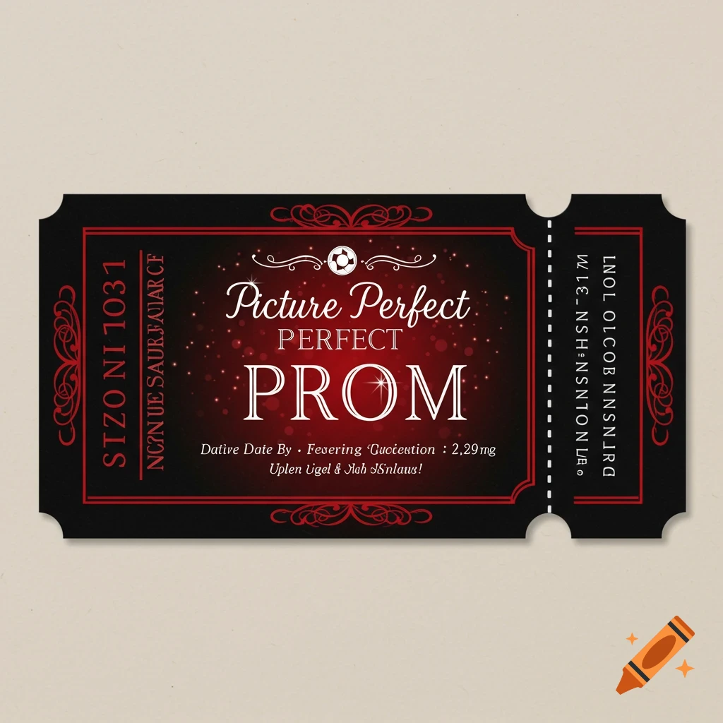 Red and black 'Picture Perfect Prom' ticket design. on Craiyon