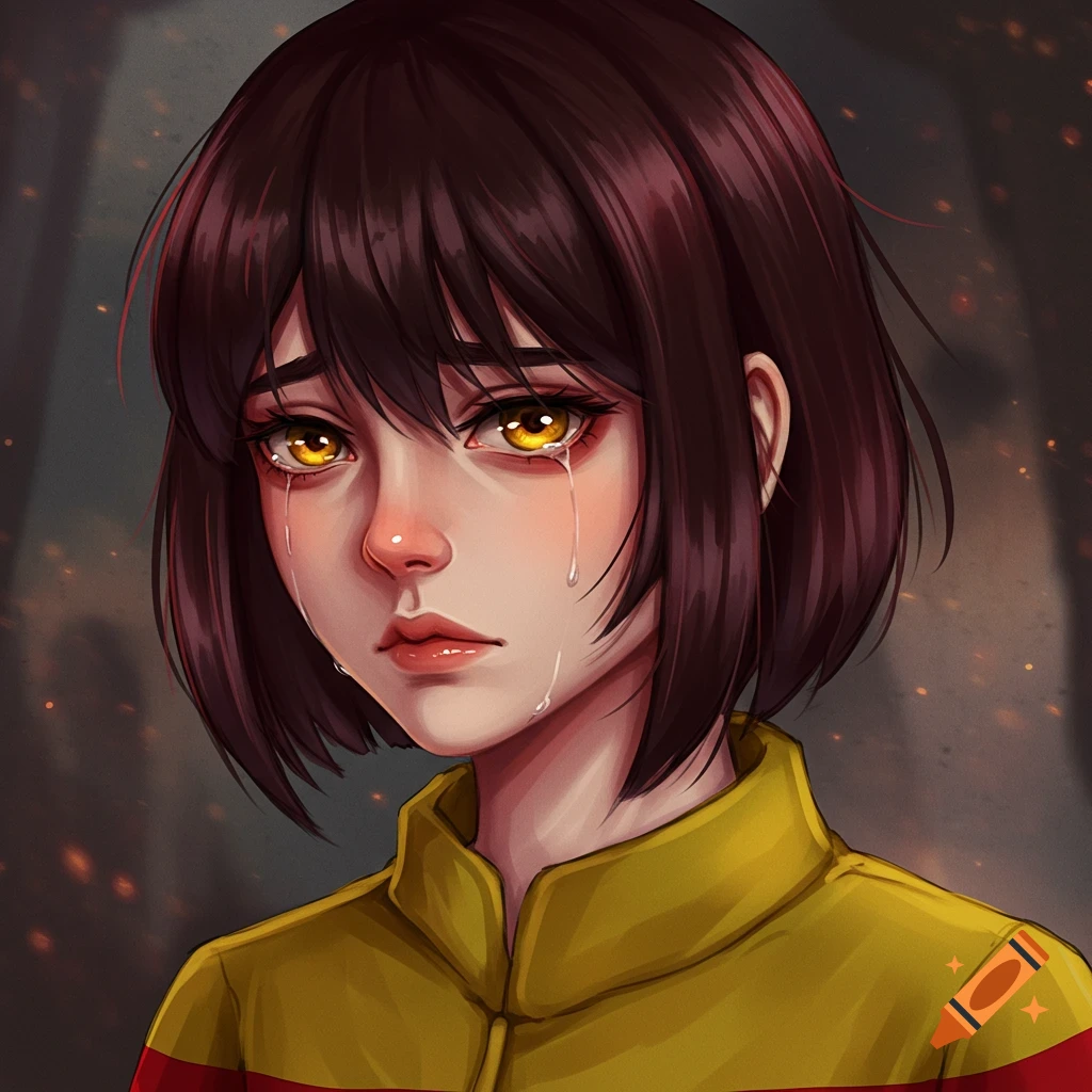 Portrait of a young person with short dark hair and yellow eyes crying ...