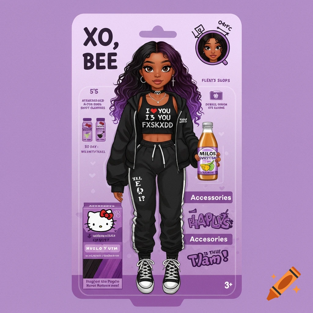 Action figure doll in purple packaging. on Craiyon