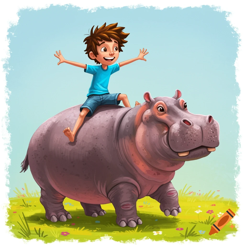 A cartoon illustration of a boy riding a hippo in a meadow. on Craiyon