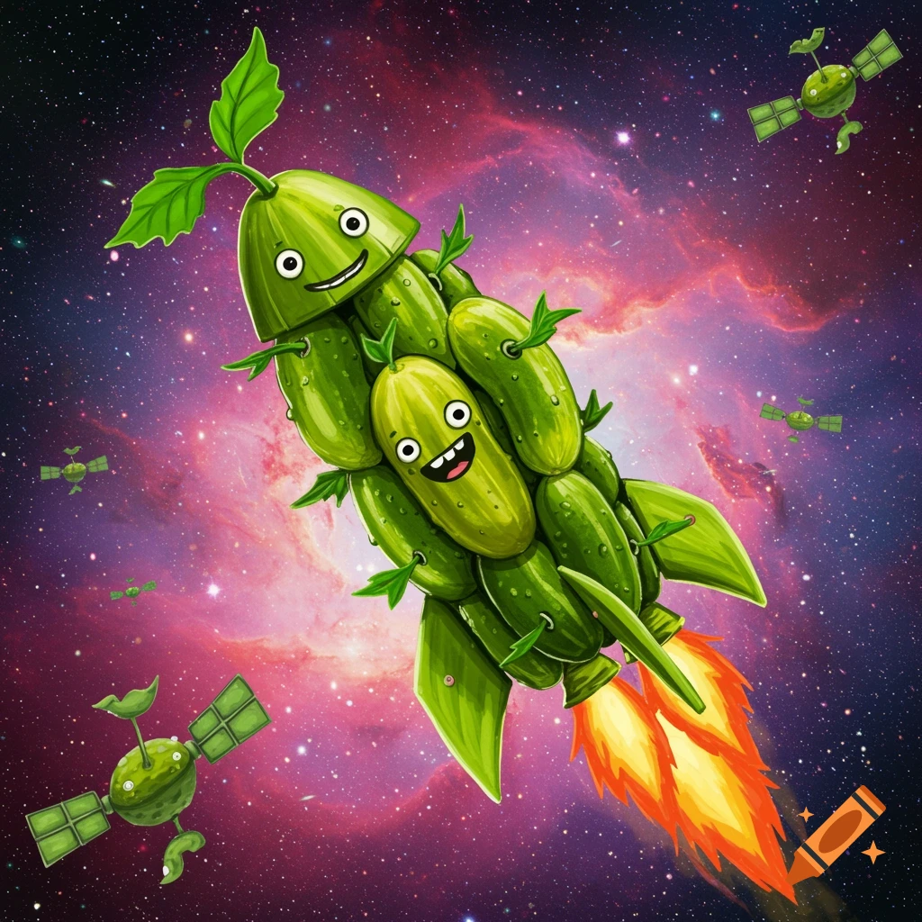 A whimsical rocket made of smiling pickles soaring through a nebula in space, surrounded by ...