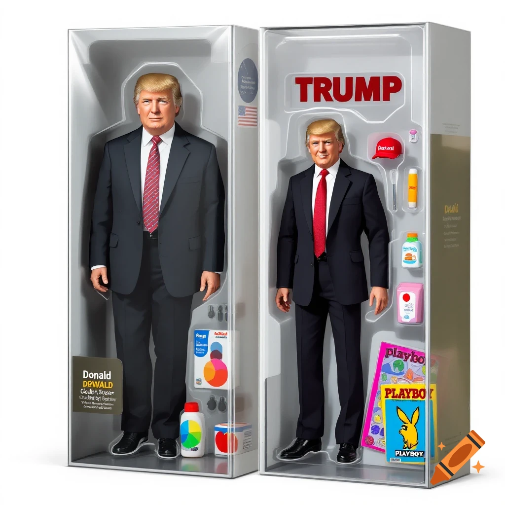 Donald Trump action figure in box with accessories on Craiyon