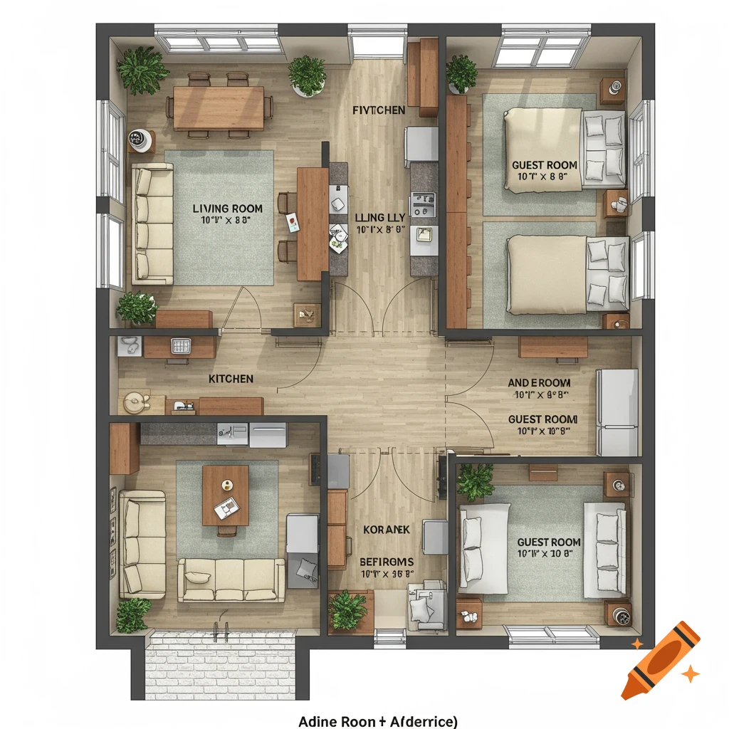 Floor plan layout showing living room, kitchen, master bedroom, guest ...