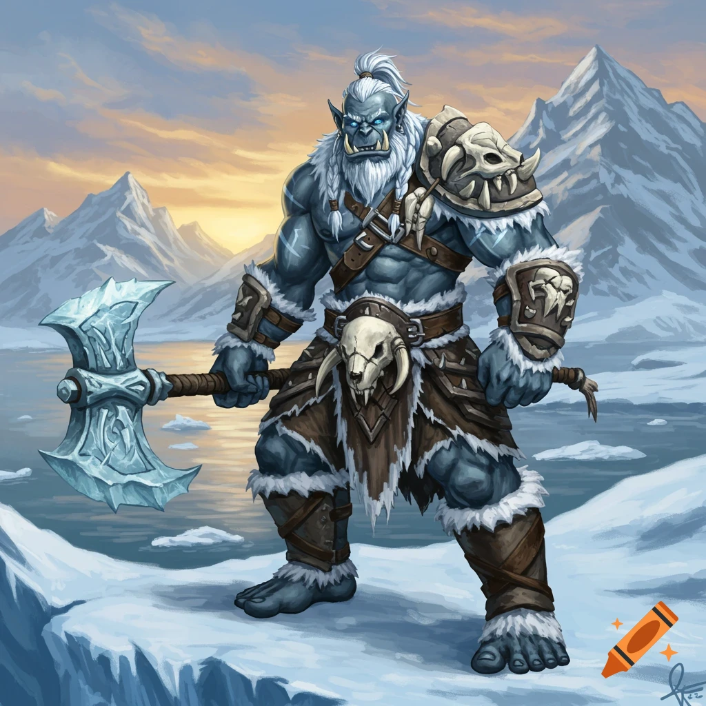 A large blue orc holding an ice axe stands on a snowy cliff. on Craiyon