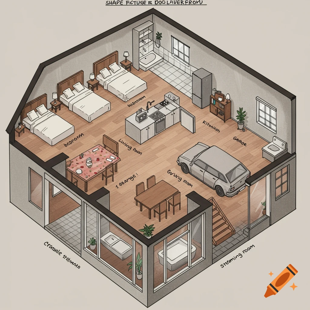 House interior plan with labeled rooms of various shapes on Craiyon