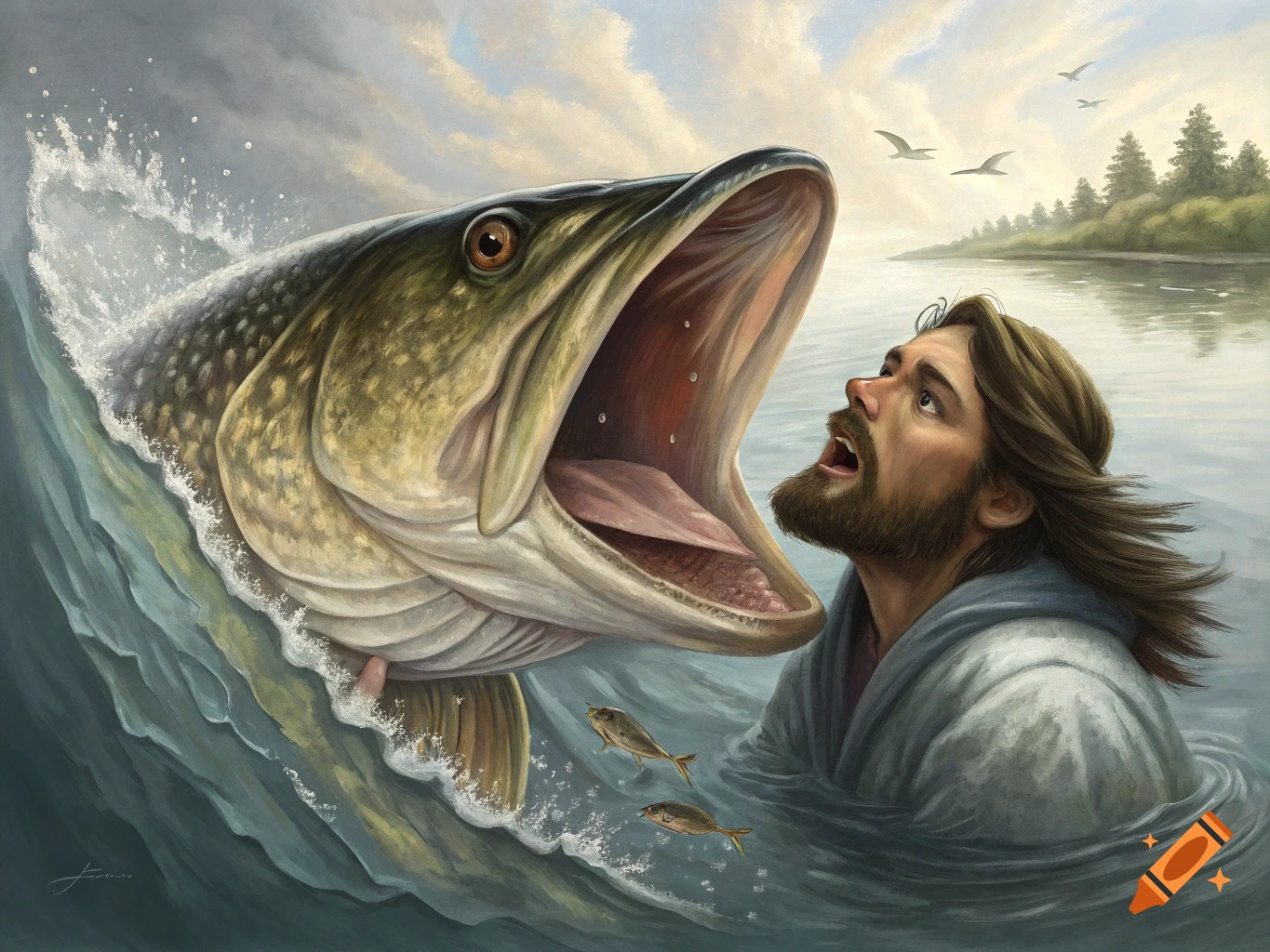 Painting of Jesus about to be swallowed by a giant fish in the water ...