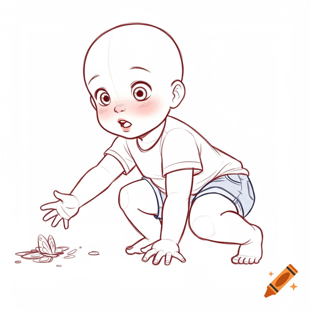 Base drawing of toddler crouching and reaching for something on Craiyon