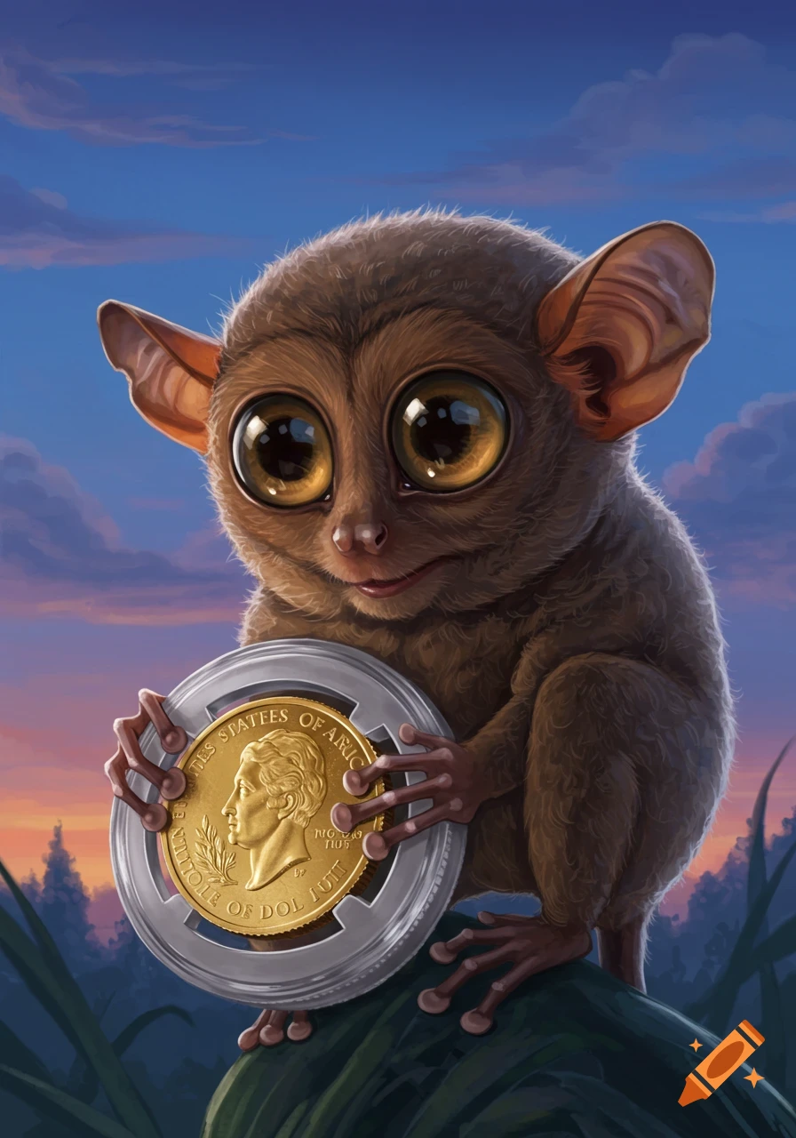 A tarsier holds a gold coin in a protective case against a sunset sky ...