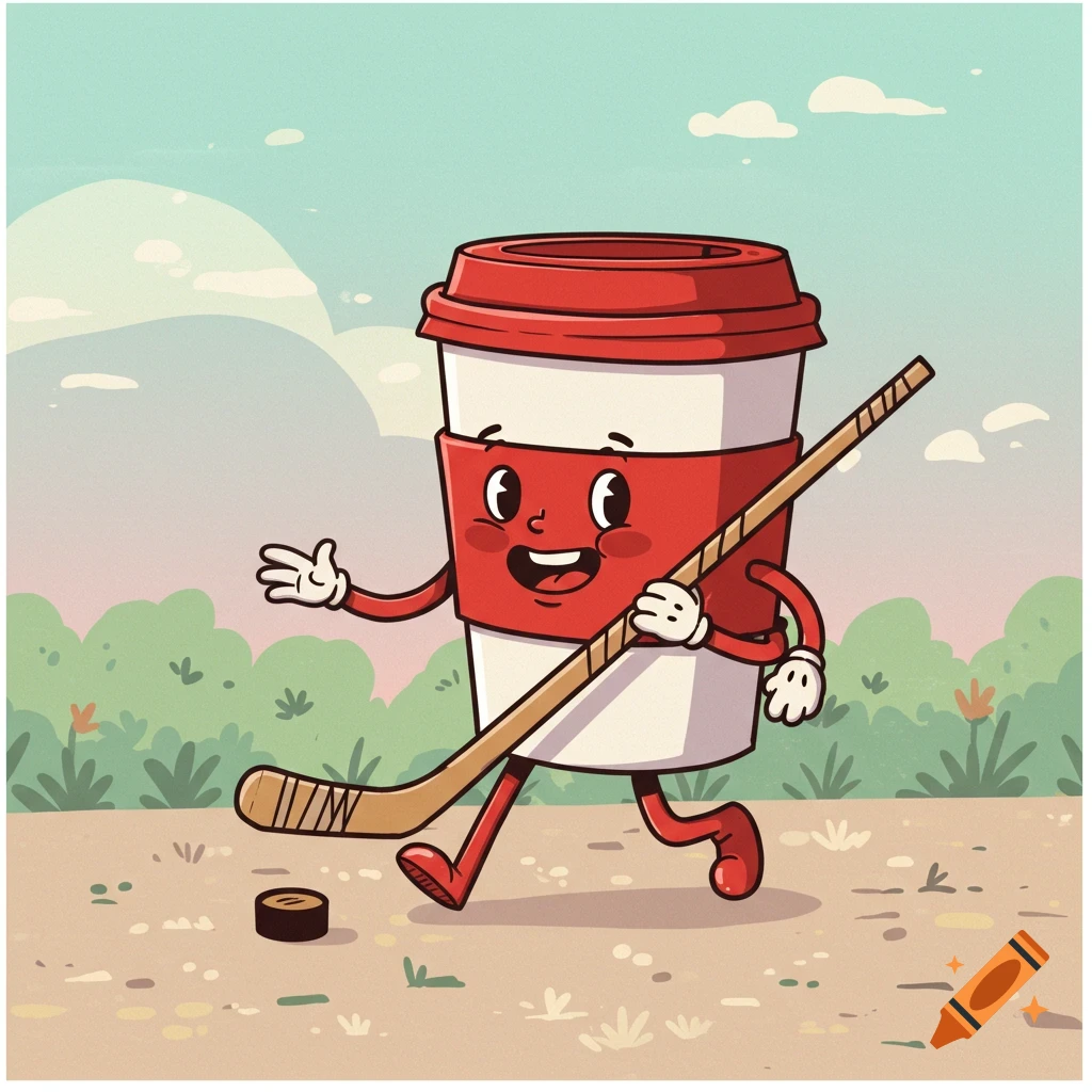 Cartoon coffee cup with hockey stick on Craiyon