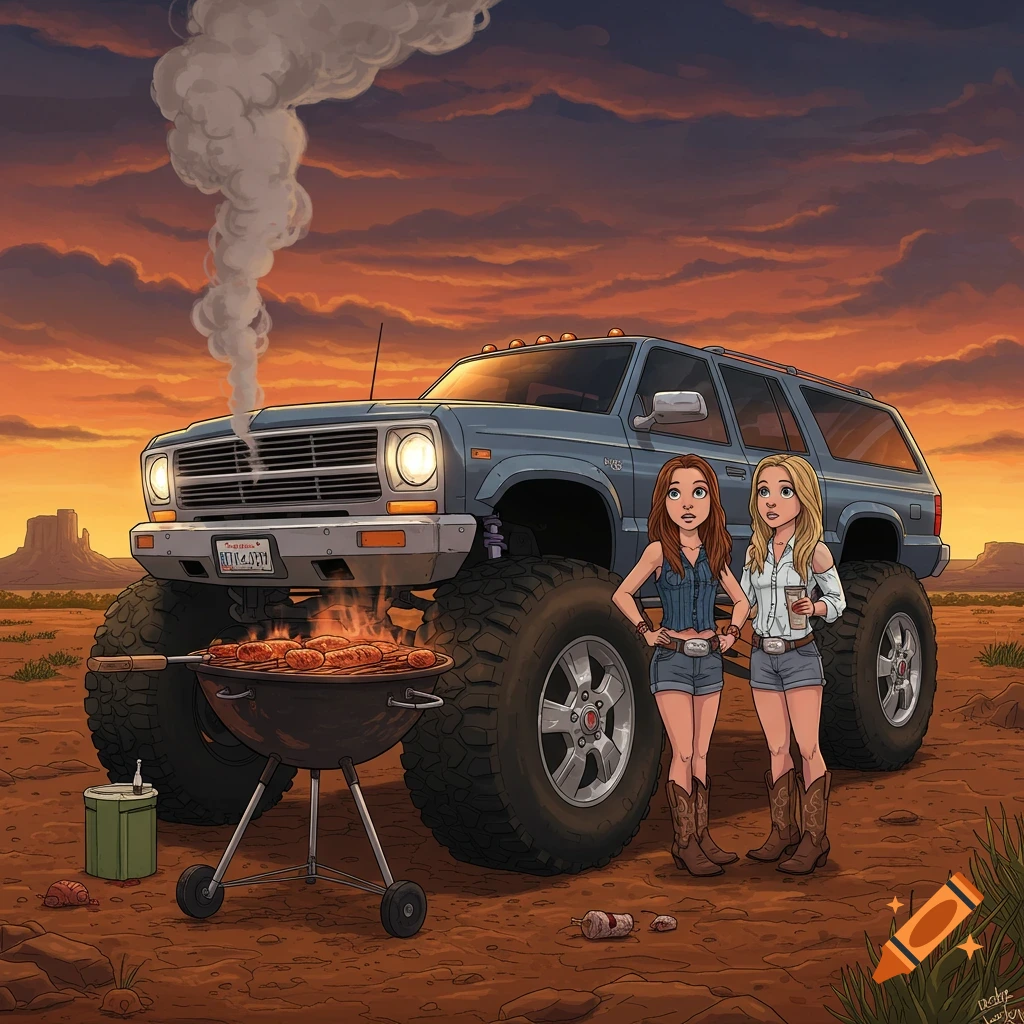 Two European girls in Texas with oversized SUV, barbecue, and cowboy boots on Craiyon