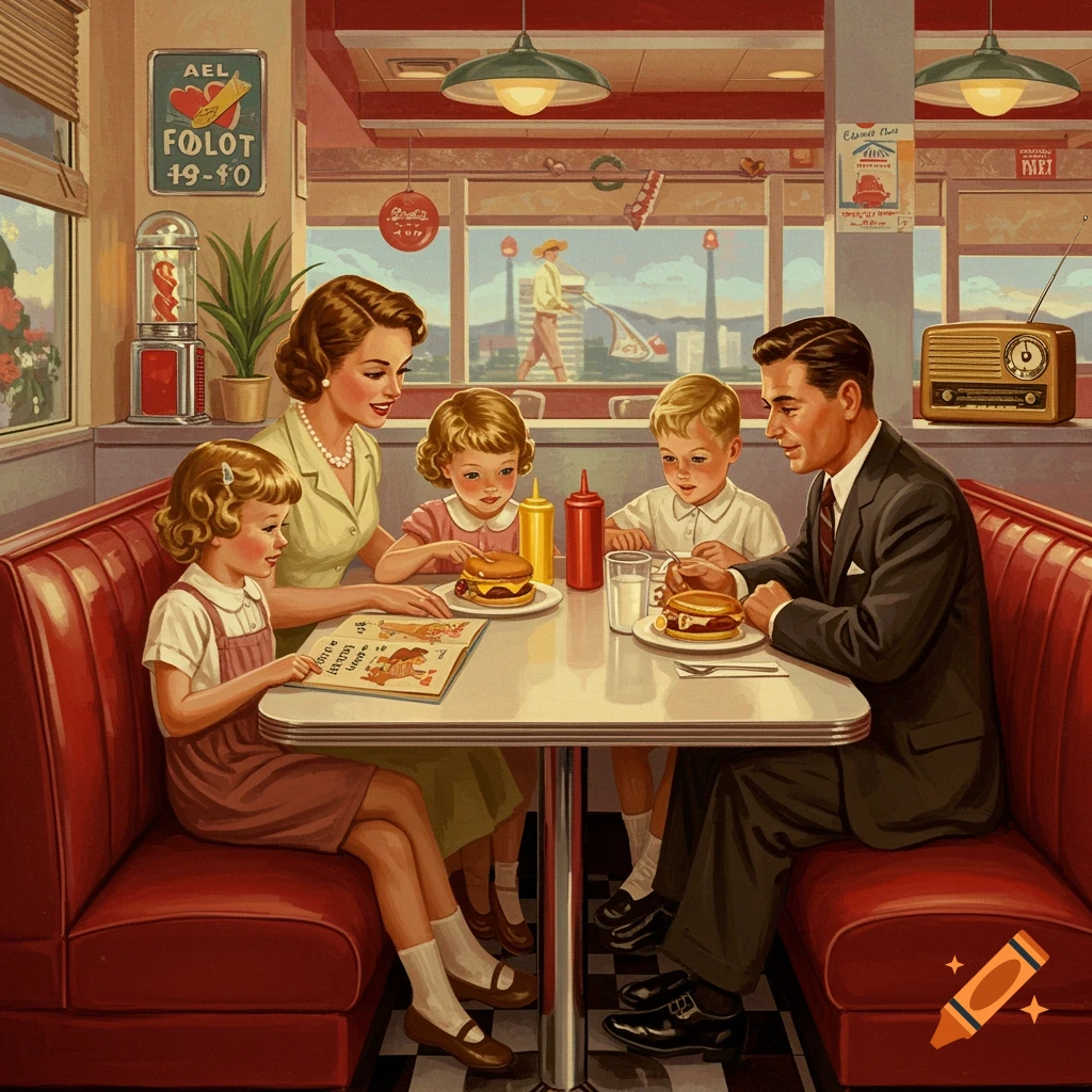 Family of four eating hamburgers in a 1950s diner, vintage illustration ...