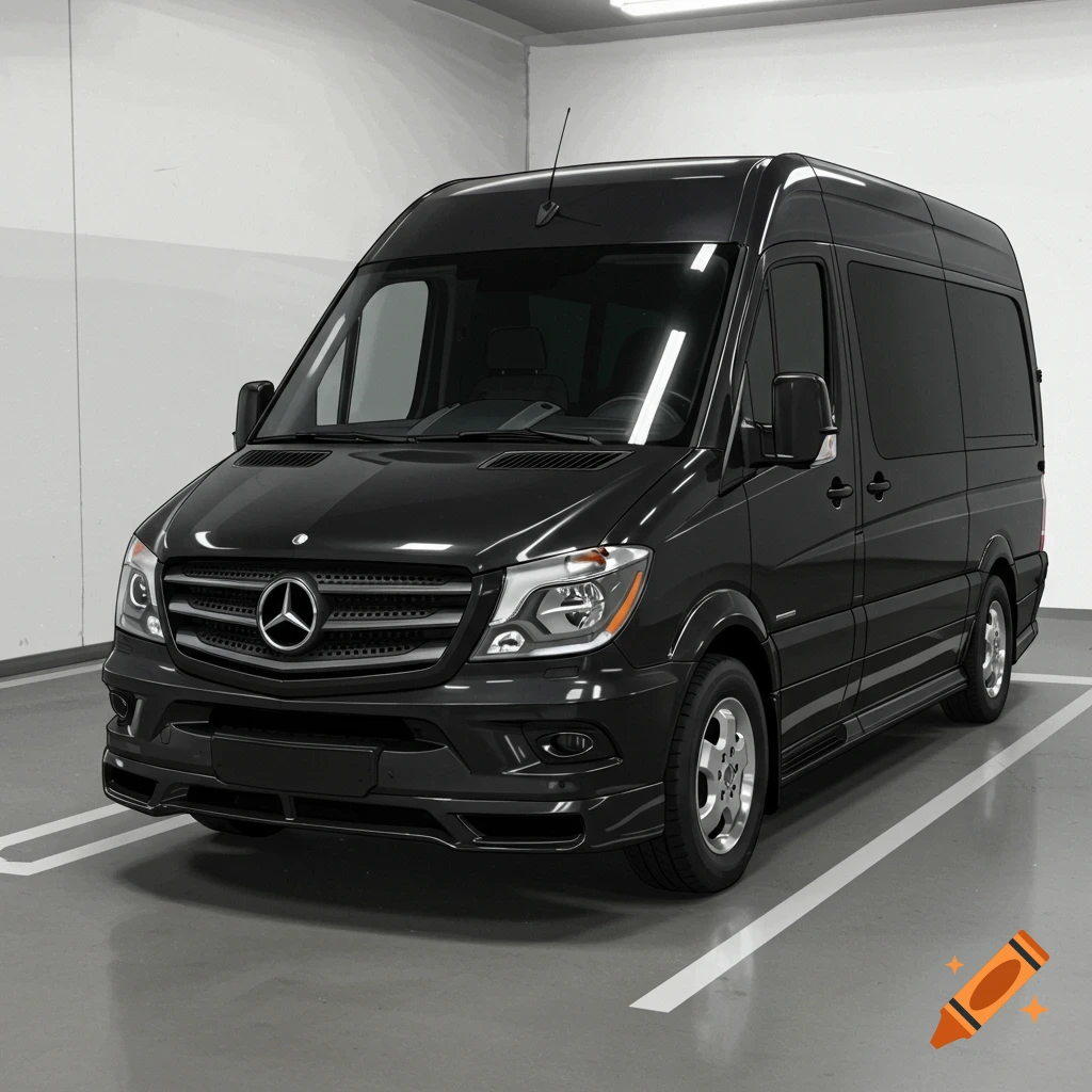 Elegant black luxury sprinter van parked in front of vibrant orange ...