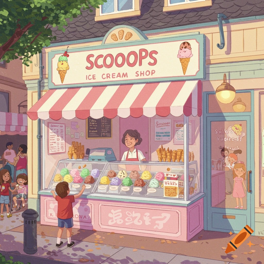 A picture of SCOOOPS ice cream shop with customers outside. on Craiyon