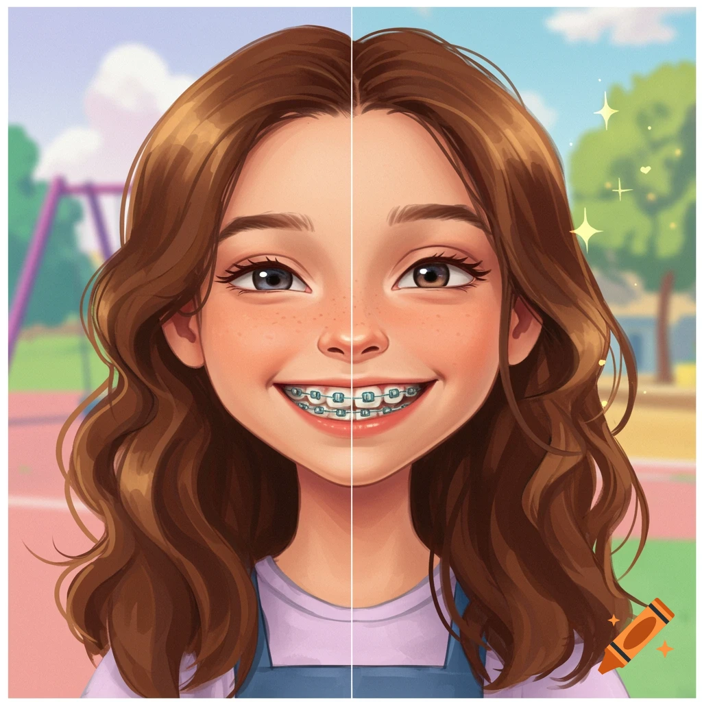 Three portraits showing faces with and without dental braces. on Craiyon