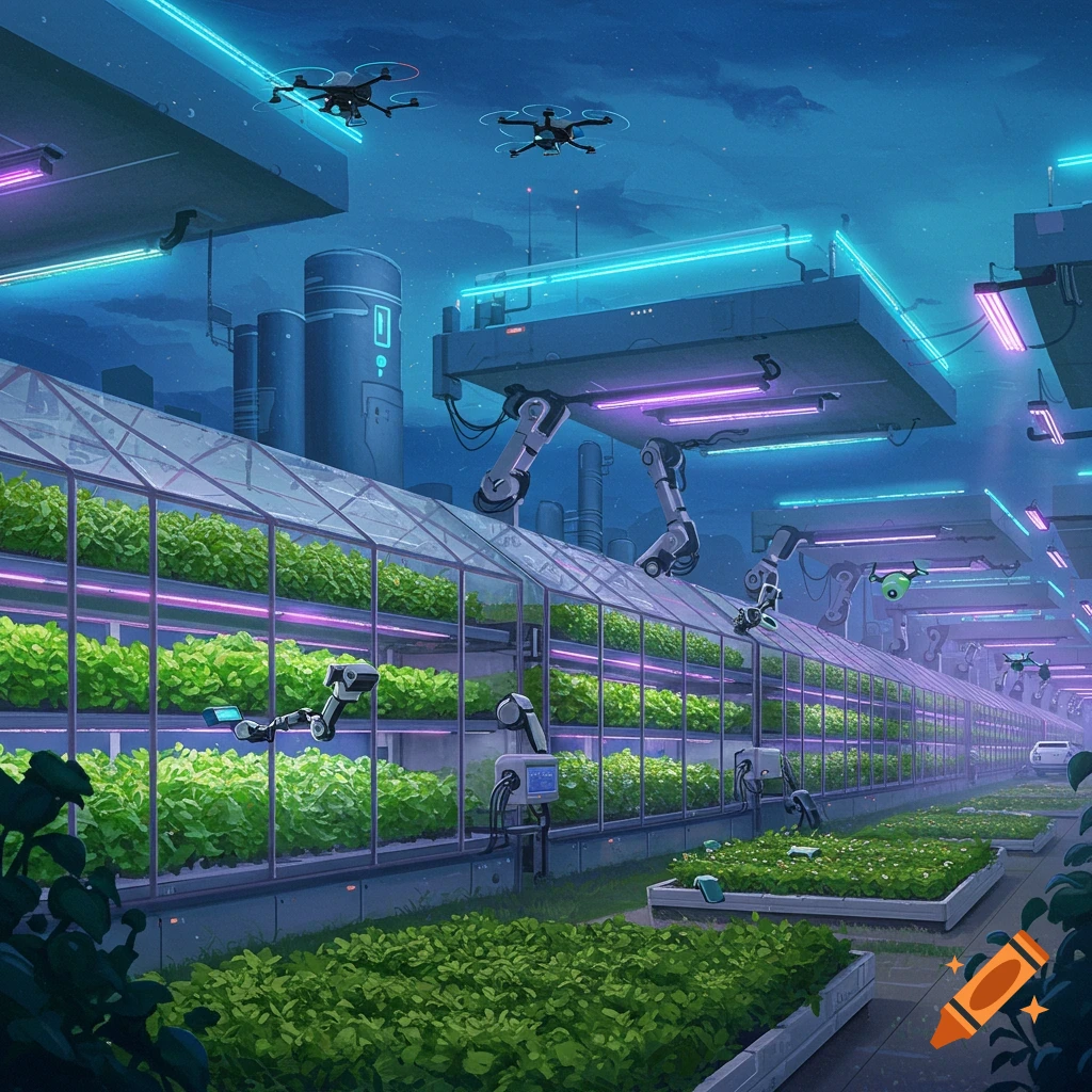A futuristic high-tech indoor farm with robotic arms, drones, glowing ...