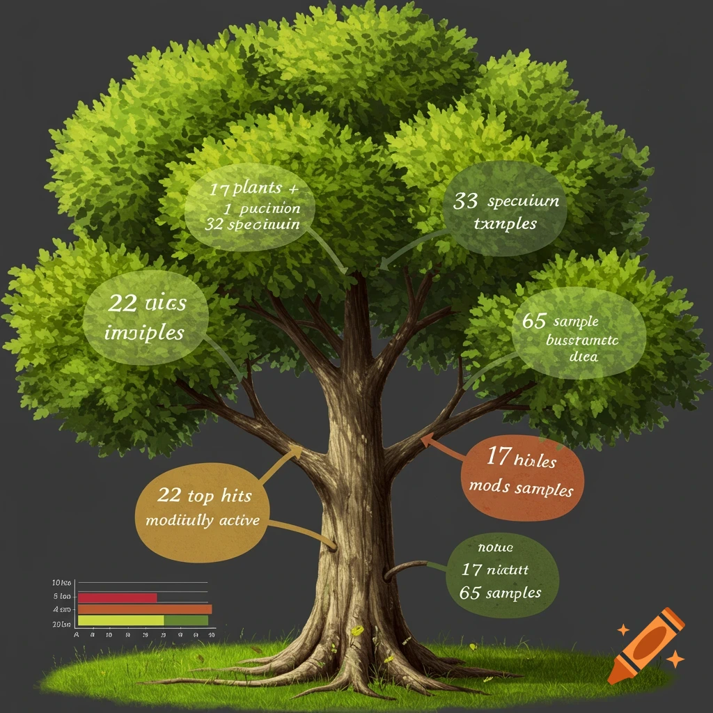 Realistic tree with labeled branches and leaves showing plant specimen data on Craiyon