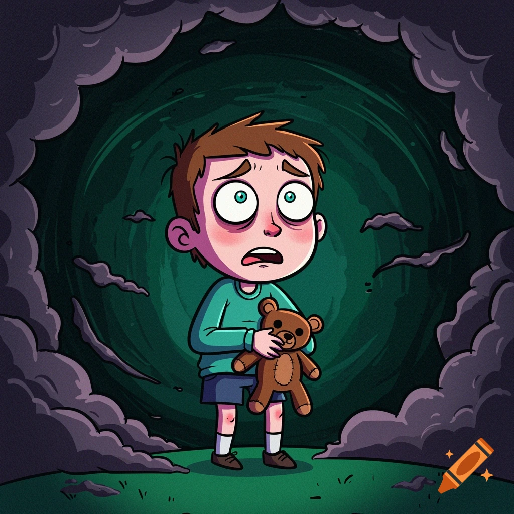 Cartoon of a young man staring at an alarm clock in a messy bedroom. on Craiyon