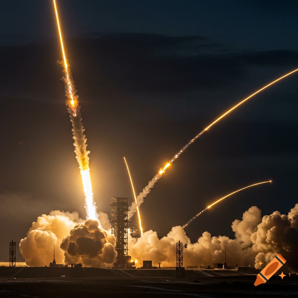 A Falcon 9 or Starship-like rocket launches from a desert pad, trailing ...