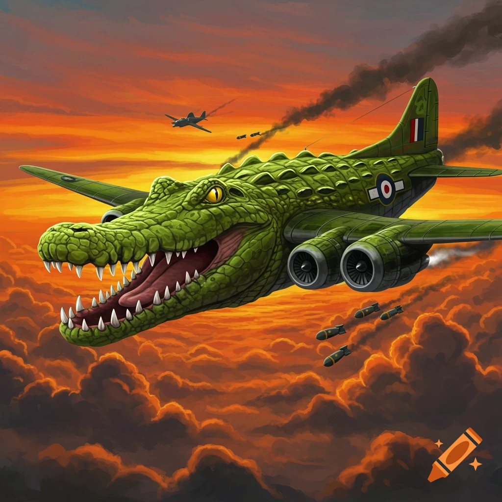 A green crocodile bomber plane flying through stormy orange clouds ...