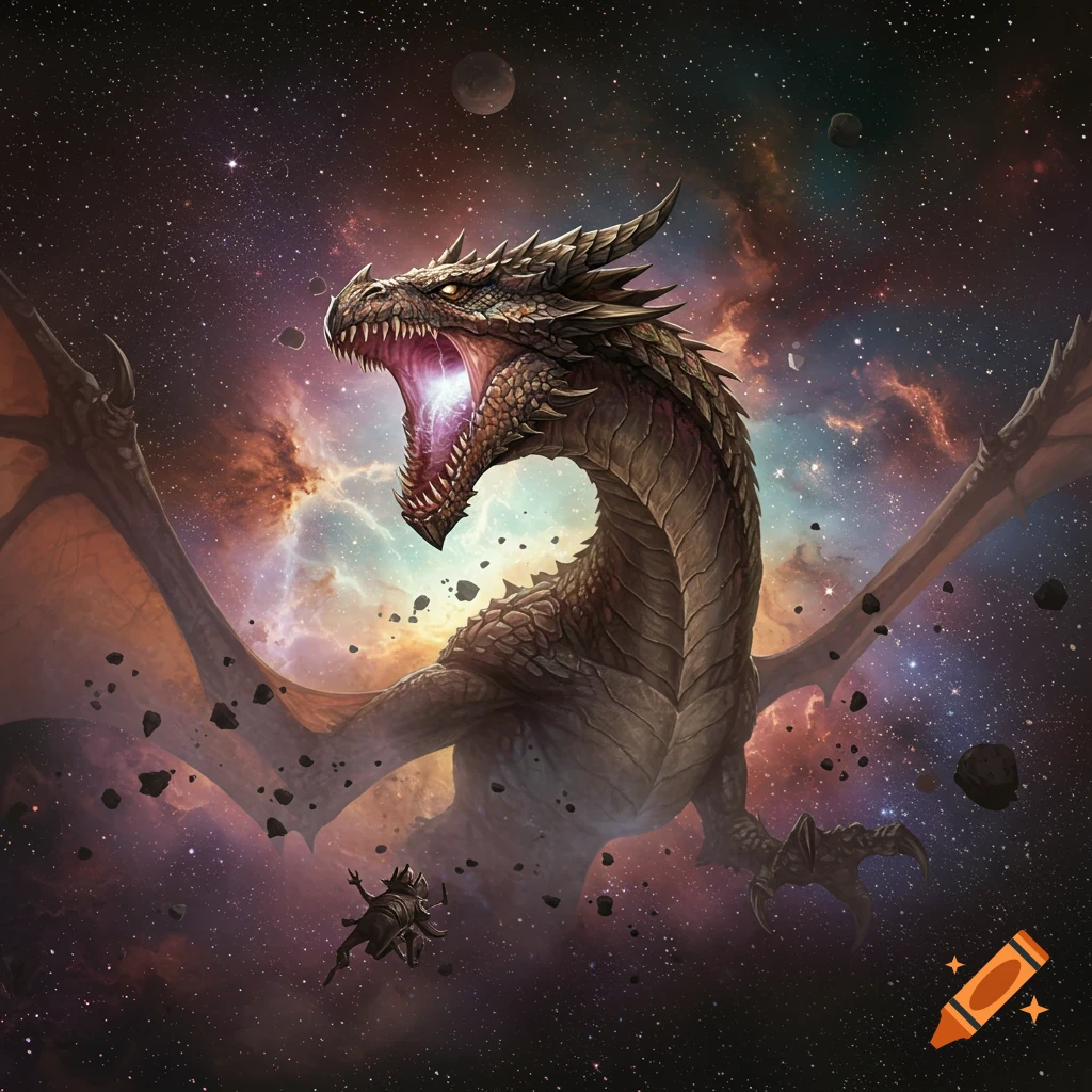 A large fantasy dragon roars through the cosmos of space surrounded by ...