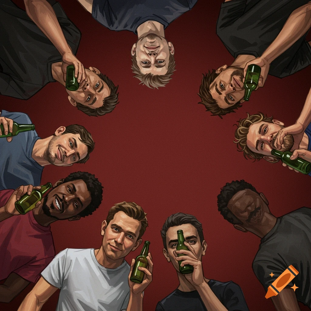 Group of seven men in a circle holding beer bottles on Craiyon