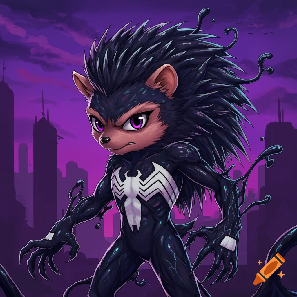 Humanoid hedgehog with Venom-like symbiote suit on Craiyon