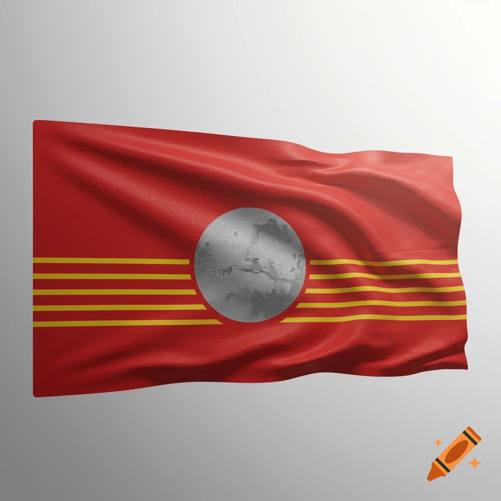 Red flag with yellow stripes and a grey circular emblem waving. on Craiyon