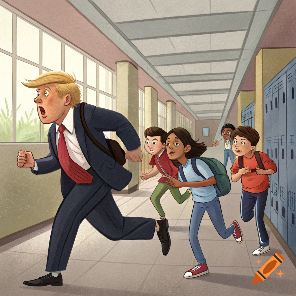 Cartoon illustration of two boys running through a school hallway. on ...