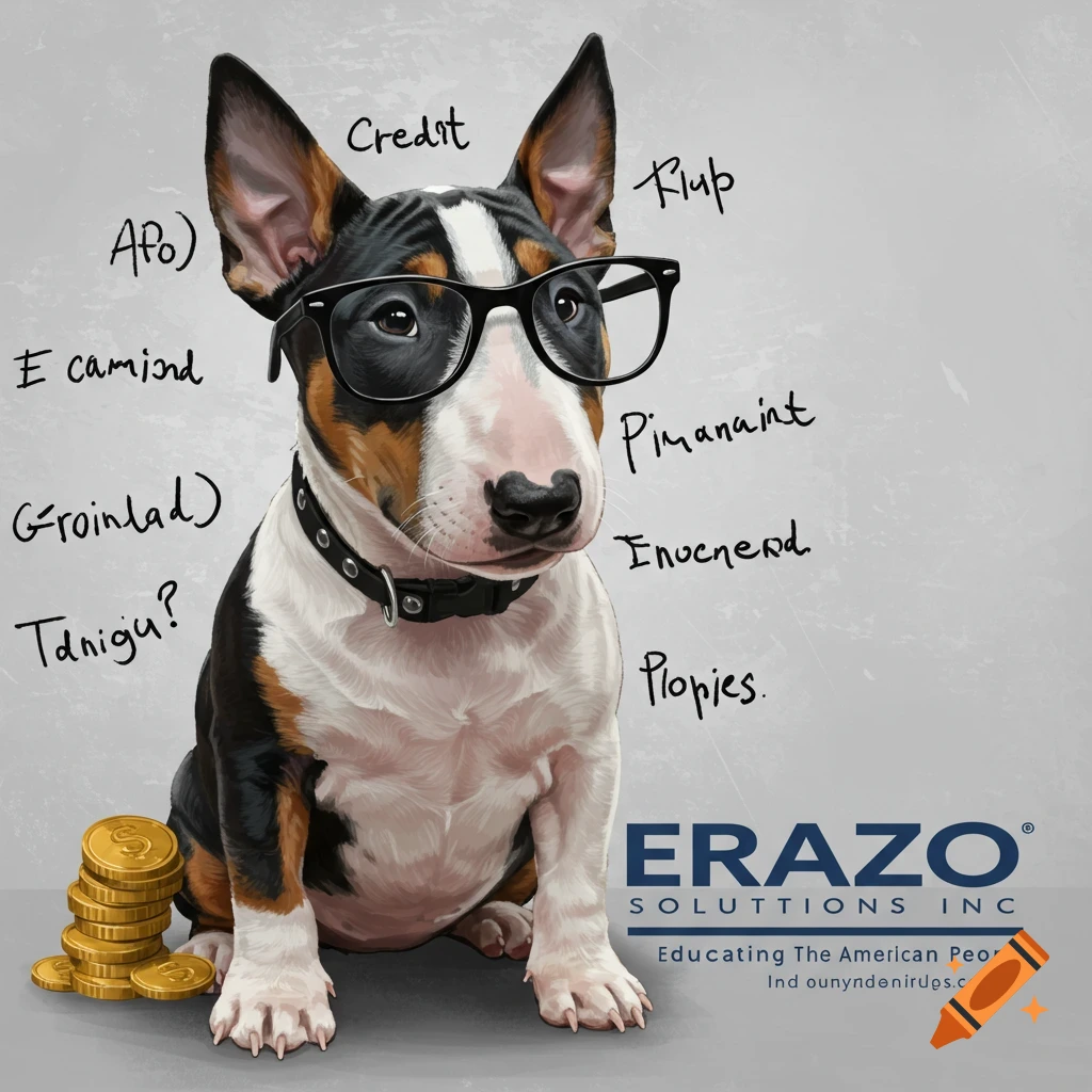 Intelligent bull terrier with glasses next to Erazo Solutions Inc logo ...