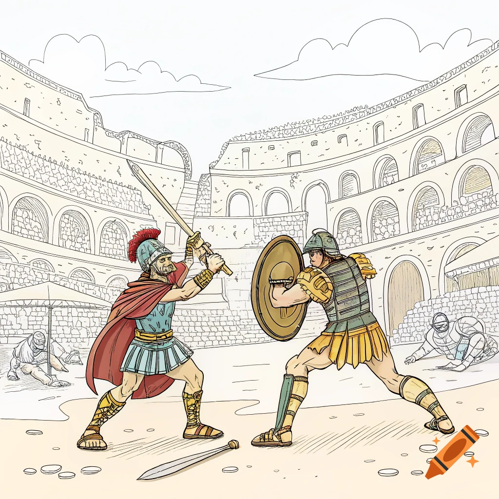 Coloring page of gladiators fighting in the Colosseum on Craiyon