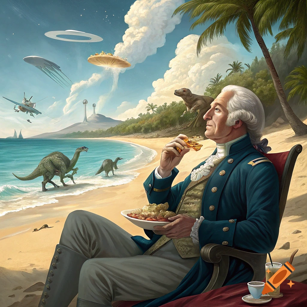 George Washington eating on a beach with aliens and dinosaurs fighting ...
