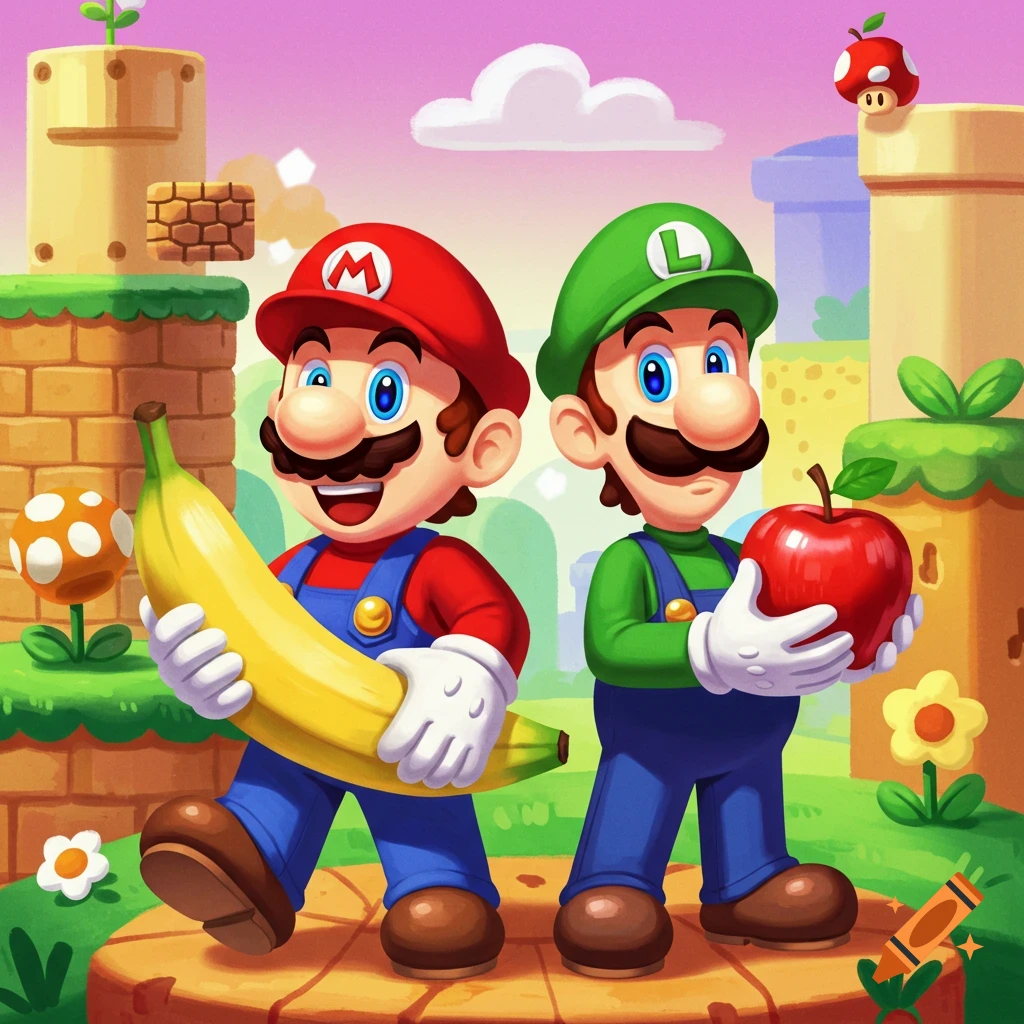 Mario holds a banana and Luigi holds an apple in a Super Mario Bros ...