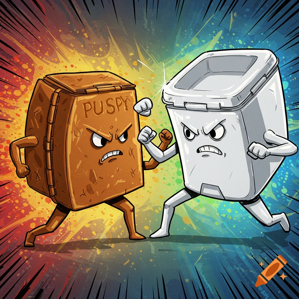 A brown bagasse container character fighting a white plastic container ...