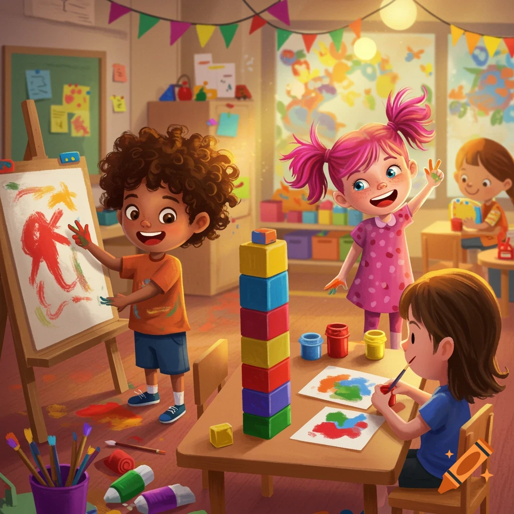 Diverse children happily creating art in a colorful preschool classroom ...