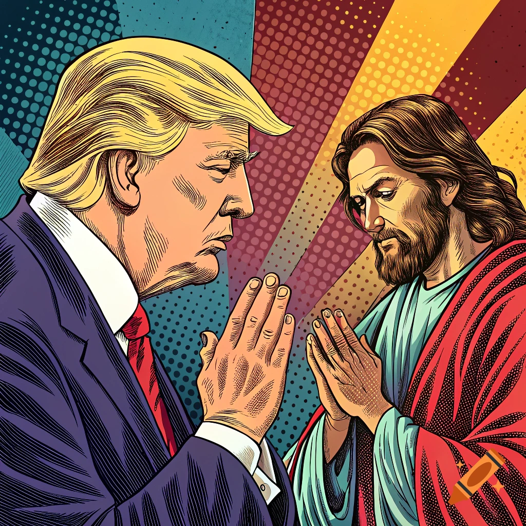 Trump praying with Jesus in pop art style on Craiyon