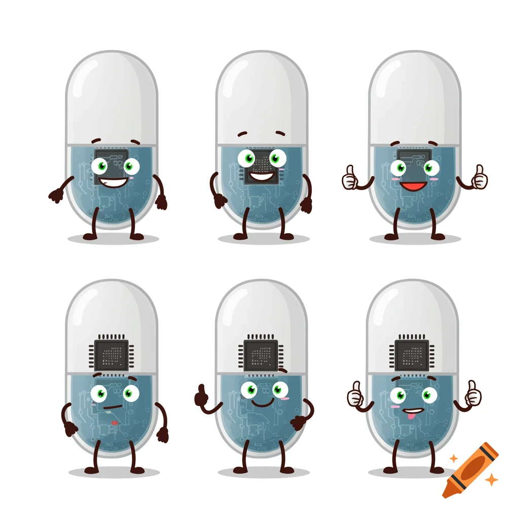 Cartoon pill capsules with microchips and faces on Craiyon