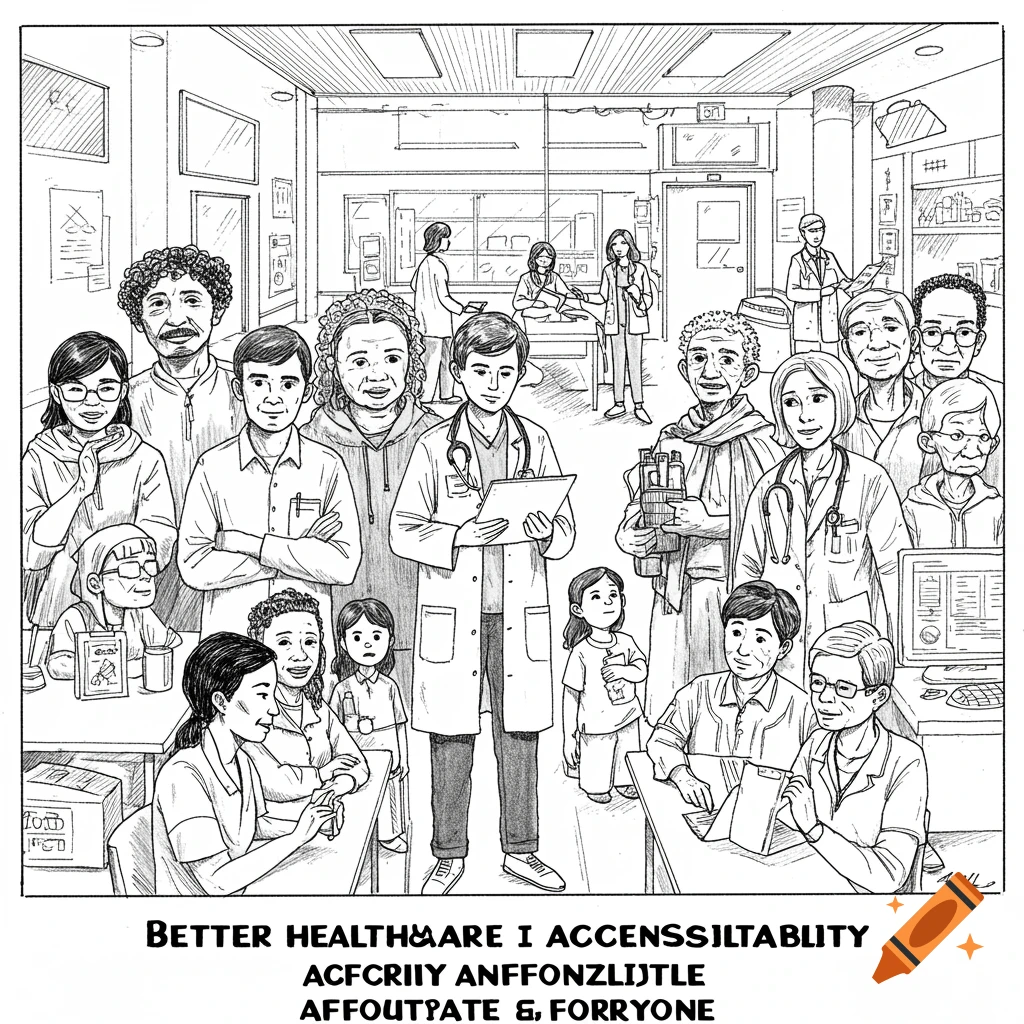 Black and white drawing about better Healthcare Accessibility and ...
