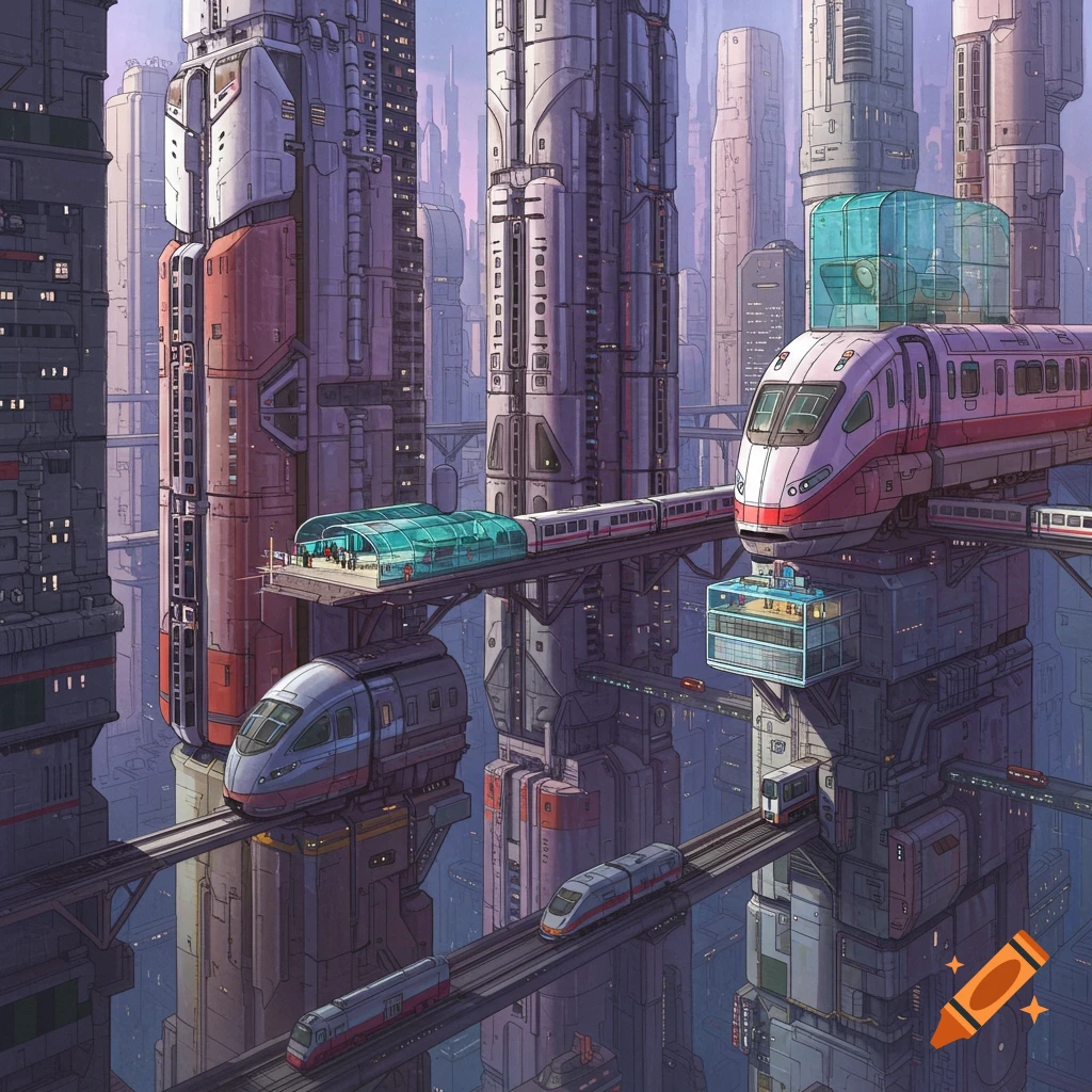 A futuristic city with elevated trains among skyscrapers made of ...