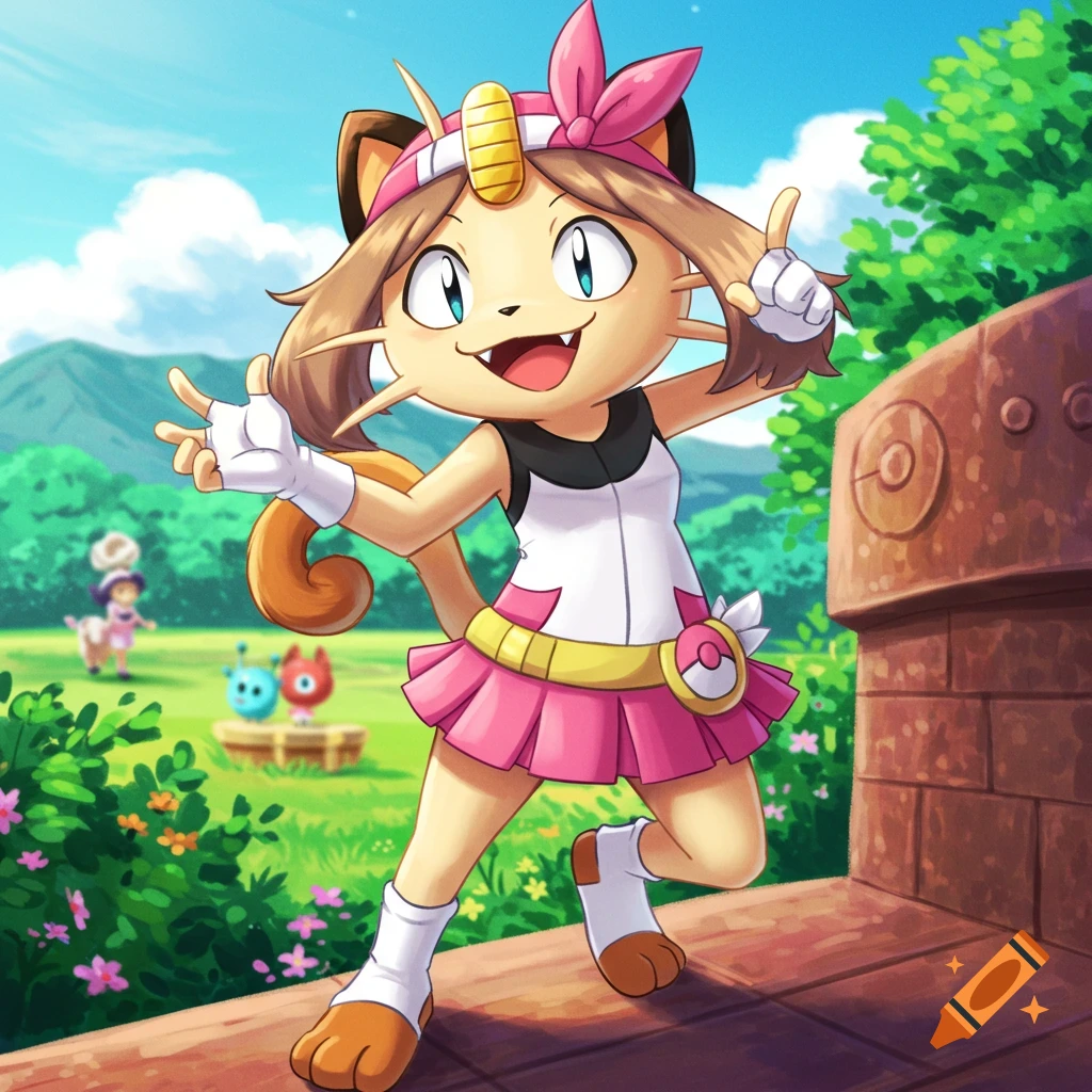 Meowth wearing May's clothes on Craiyon