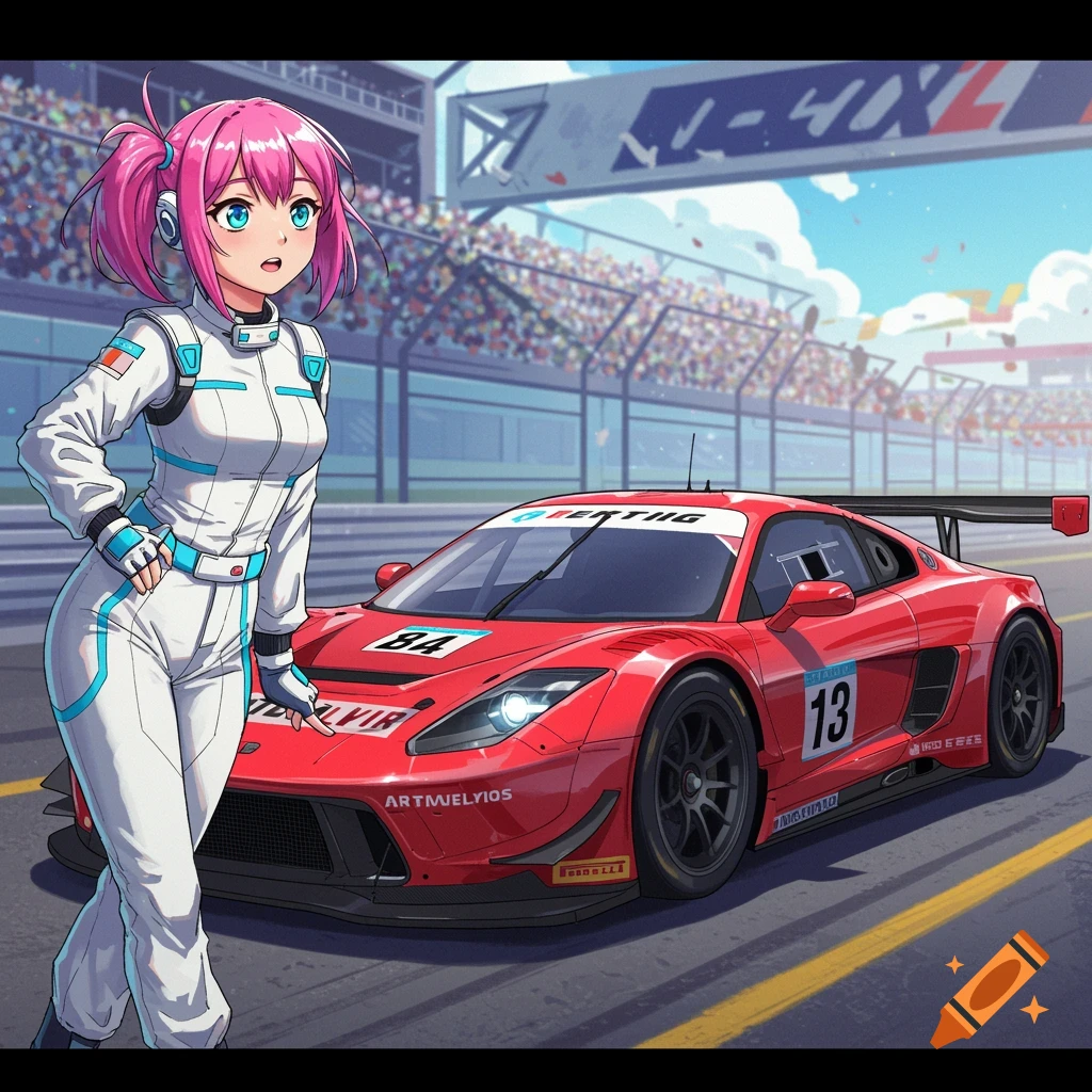 Anime girl in a racing suit standing next to a red race car on a track ...