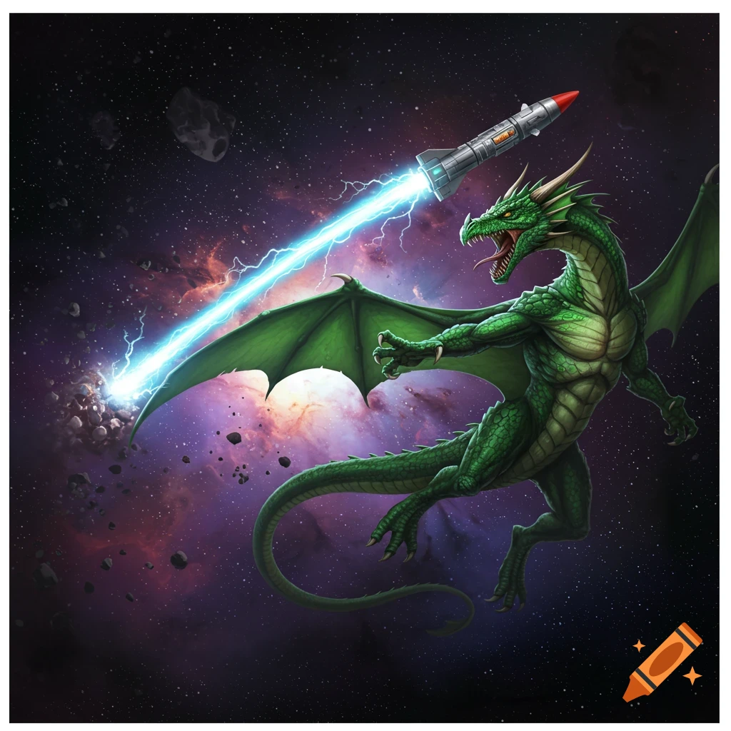 Digital painting of a green dragon in space hit by an energy beam from ...