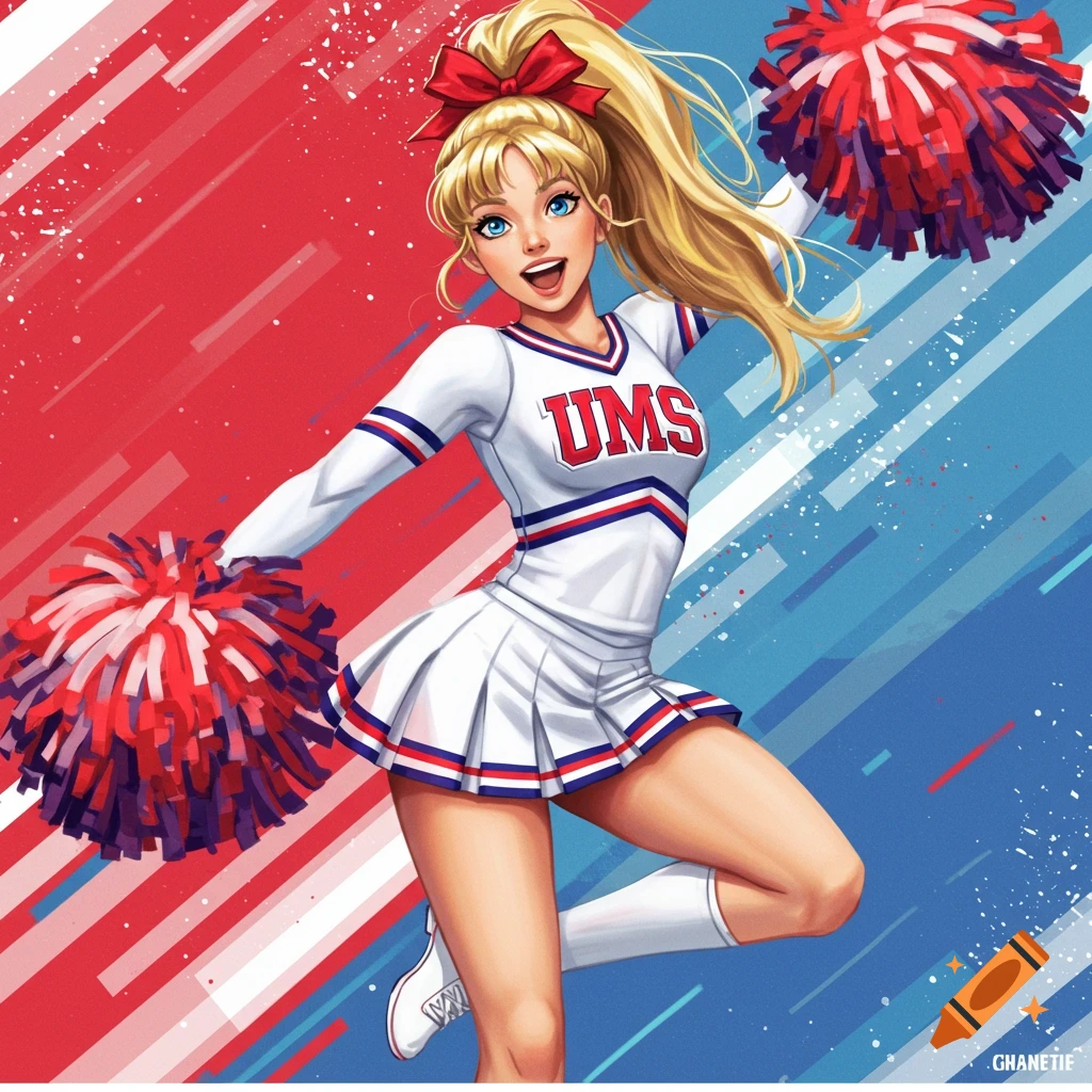 Cartoon cheerleader with pink pigtail braids holding pink pom-poms in a ...