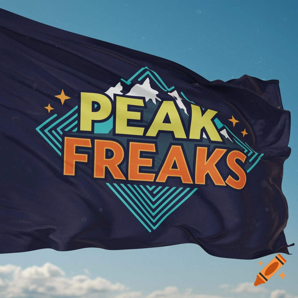 A flag with the Peak Freaks logo waves against a blue sky. on Craiyon