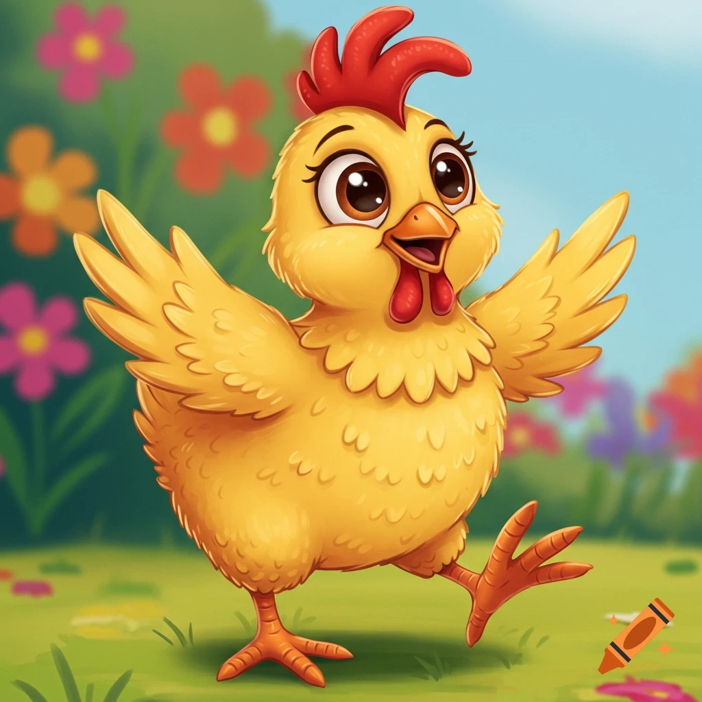 A cheerful yellow cartoon chicken with red comb and wattles spreads its ...