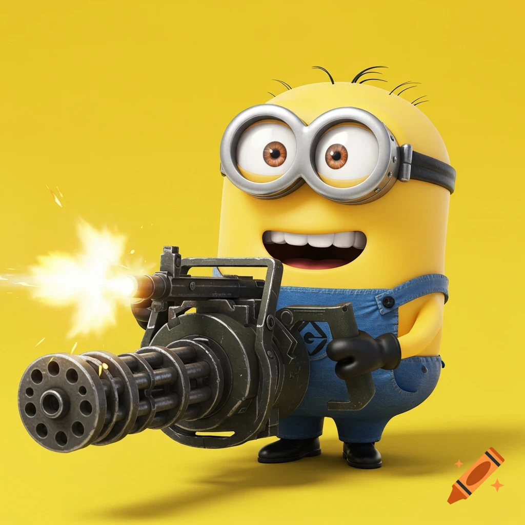 A minion holding a minigun that is firing, against a yellow background ...