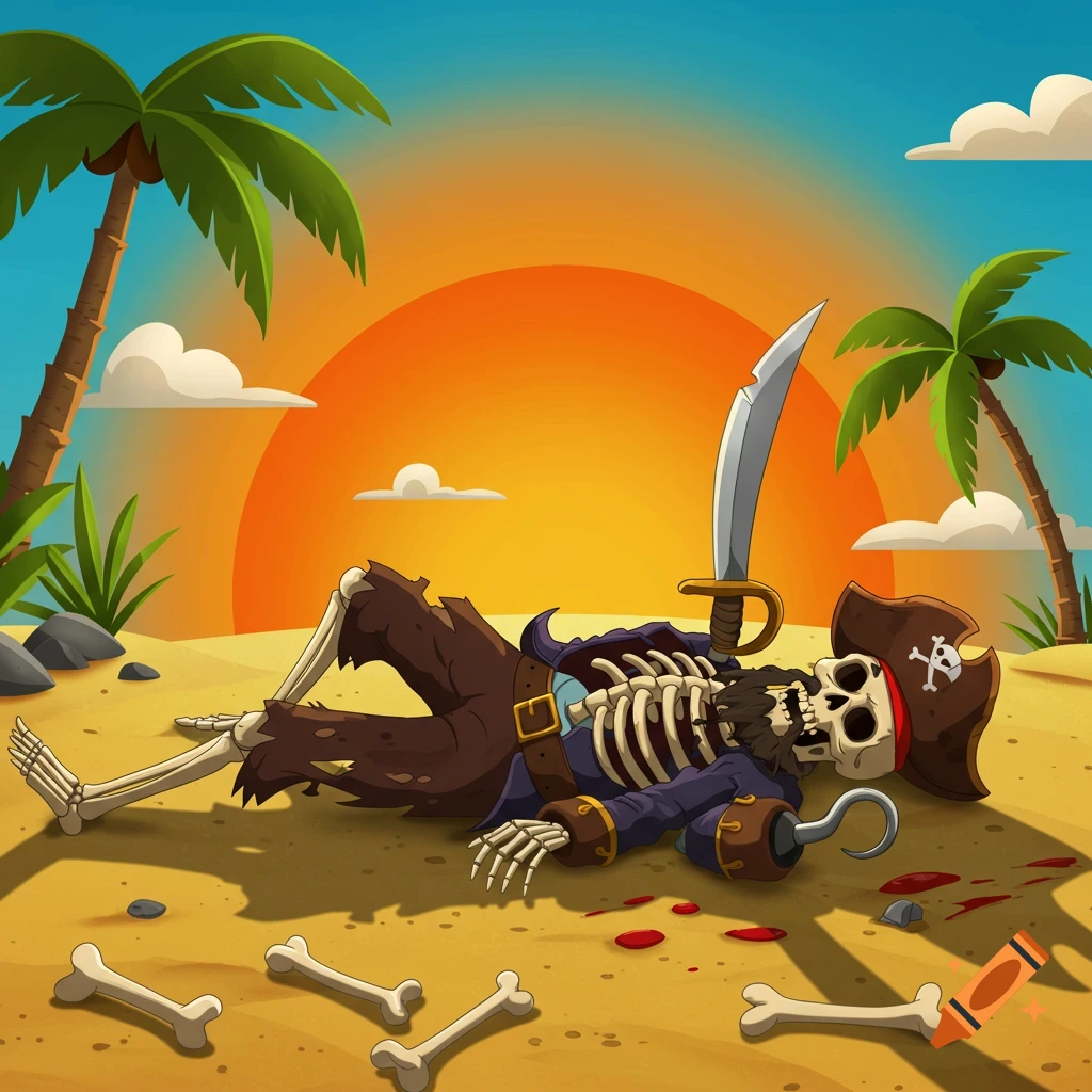 Cartoon pirate skeleton lying dead on a sunny beach with a sword and ...