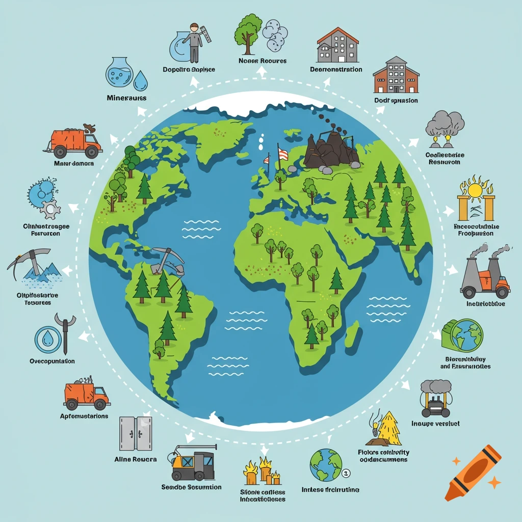 Human impact on resource use and management affecting Earth on Craiyon