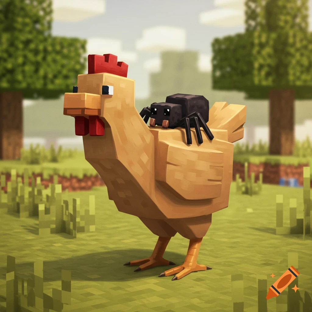 A blocky, realistic chicken with a small, green baby zombie riding on ...