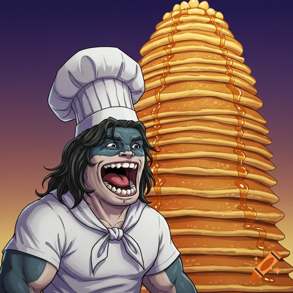 Jeff the Landshark from Marvel with chef hat in front of pancake tower ...